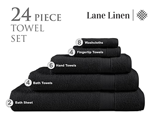 Lane Linen 24 Piece Bathroom Towels - 100% Cotton Turkish Towel Set, Quick dry, 2 Bath Towels Extra Large (Bath Sheet), 4 Bath Towels, 6 Hand Towel, 8 Wash Cloths for body and face,4 Bar Towel - Black