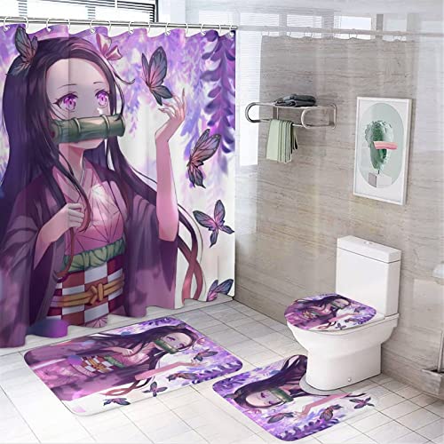 FFIS Anime 𝐃𝐞.𝐌𝐨𝐧 𝐒𝐥𝐚.𝐘𝐞𝐫 𝐍𝐞𝐳𝐮.𝐊𝐨 Bathroom Shower Curtain Set, 4 Piece Bathroom with Waterproof Shower Curtain and Non Slip Shower Mat & Toilet Lid Cover Mat U Carpet