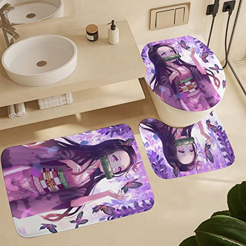 FFIS Anime 𝐃𝐞.𝐌𝐨𝐧 𝐒𝐥𝐚.𝐘𝐞𝐫 𝐍𝐞𝐳𝐮.𝐊𝐨 Bathroom Shower Curtain Set, 4 Piece Bathroom with Waterproof Shower Curtain and Non Slip Shower Mat & Toilet Lid Cover Mat U Carpet