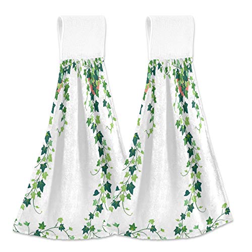 Ivy Leaves On The White 2 Pcs Hanging Kitchen Hand Towels, Hanging Tie Towels with Hook & Loop Washcloth Dishcloths Sets Decorative Absorbent Tea Bar Bath Hand Towel