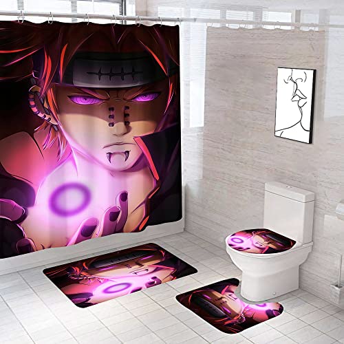 4 Piece Anime Shower Curtain Sets with Non-Slip Rugs, Toilet Lid Cover, Bath Mat and 12 Hooks, Bathroom Decor Set Accessories Waterproof Shower Curtains