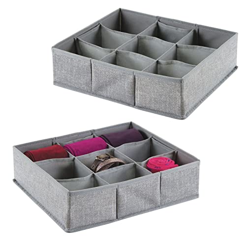 mDesign Soft Fabric Dresser Drawer and Closet Storage Organizer Bin for Lingerie, Bras, Socks, Nylons, Ties, Belts, Tank Tops, Small Accessories - Divided 9 Section Tray, Textured Print, 2 Pack - Gray