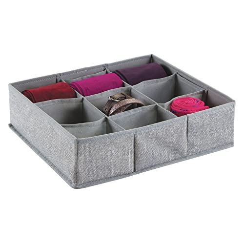 mDesign Soft Fabric Dresser Drawer and Closet Storage Organizer Bin for Lingerie, Bras, Socks, Nylons, Ties, Belts, Tank Tops, Small Accessories - Divided 9 Section Tray, Textured Print, 2 Pack - Gray