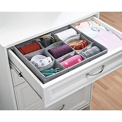 mDesign Soft Fabric Dresser Drawer and Closet Storage Organizer Bin for Lingerie, Bras, Socks, Nylons, Ties, Belts, Tank Tops, Small Accessories - Divided 9 Section Tray, Textured Print, 2 Pack - Gray