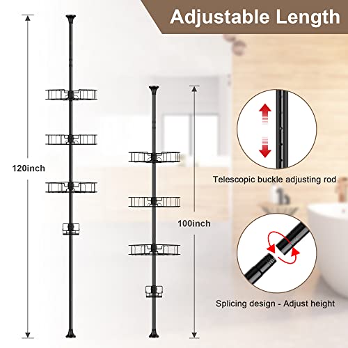 Shower Caddy Tension Pole - Stainless Steel Corner Shower Caddy Tension Pole - 4 Tier Adjustable Shelves Shower Organizer Tension Pole for Bathroom Bathtub Shampoo Soap Plants, 54 to 120 Inch