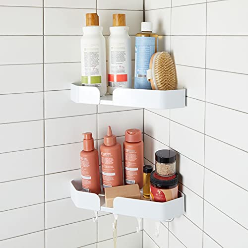 Juvale Bathroom Corner Shelves with Hooks, Wall Mounted Shower Caddy Shelf (White, 2 Sets)