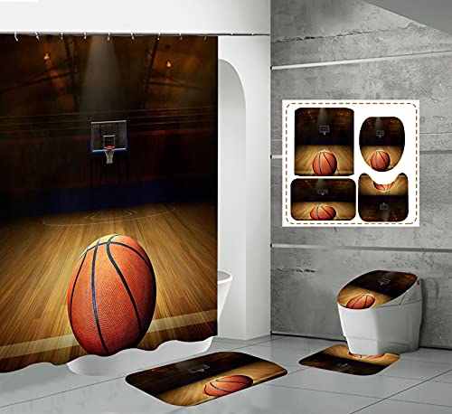 CERYUEE Basketball Shower Curtain Sets with Rugs 4 Piece Bath Curtains Bathroom Decor with Toilet Lid Cover, 72"x72"