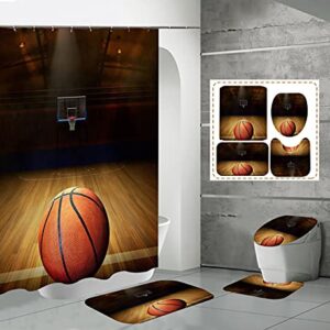 CERYUEE Basketball Shower Curtain Sets with Rugs 4 Piece Bath Curtains Bathroom Decor with Toilet Lid Cover, 72"x72"