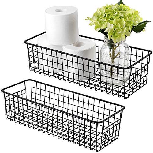 Sheechung Farmhouse Decor Metal Wire Storage Organizer Bin Basket(2 Pack) - Rustic Toilet Paper Holder - Storage Organizer for Bathroom, kitchen cabinets,Pantry, Laundry Room, Closets, Garage (Black)