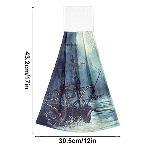 AUUXVA Sea Octopus Kraken Nautical Hanging Hand Towel for Kitchen Bathroom with Loop Absorbent Soft Hang Washcloth Tie Towels Dish Cloth Set of 2