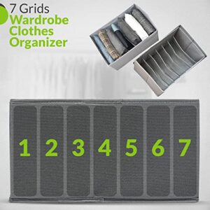 7 Grids Wardrobe Clothes Organizer 2PCS, HM-Organize Stackable Foldable Compartment Storage Box for Jeans, Socks, Scarves, Leggings, T-shirt, Pants, Underwear in Dressing room (Gray), 14.2x9.8x8