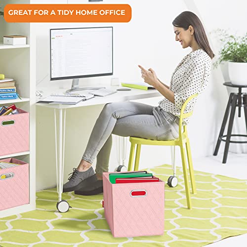 JIAessentials Small 11-inch Pink Foldable Diamond Patterned Faux Leather Storage Cube Bins Set of Four with Handles with Dual Handles for living room, bedroom and office storage