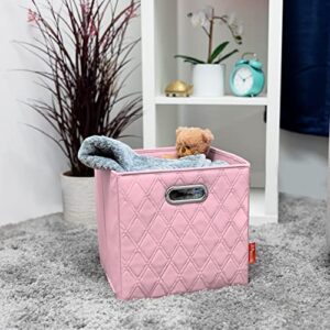 JIAessentials Small 11-inch Pink Foldable Diamond Patterned Faux Leather Storage Cube Bins Set of Four with Handles with Dual Handles for living room, bedroom and office storage