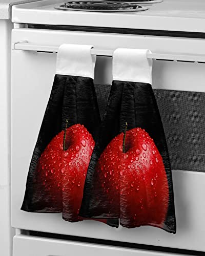 Red Apples with Water Drops Hanging Kitchen Towels Soft Absorbent Hand Tie Towels Set with Hook&Loop, Close-up Fruit Art on Black Tea Bar Dish Cloths Towel for Bathroom Laundry Room BBQ, 2pc