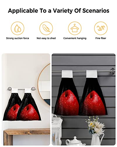 Red Apples with Water Drops Hanging Kitchen Towels Soft Absorbent Hand Tie Towels Set with Hook&Loop, Close-up Fruit Art on Black Tea Bar Dish Cloths Towel for Bathroom Laundry Room BBQ, 2pc