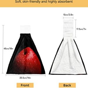 Red Apples with Water Drops Hanging Kitchen Towels Soft Absorbent Hand Tie Towels Set with Hook&Loop, Close-up Fruit Art on Black Tea Bar Dish Cloths Towel for Bathroom Laundry Room BBQ, 2pc