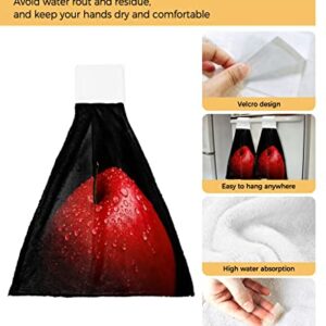 Red Apples with Water Drops Hanging Kitchen Towels Soft Absorbent Hand Tie Towels Set with Hook&Loop, Close-up Fruit Art on Black Tea Bar Dish Cloths Towel for Bathroom Laundry Room BBQ, 2pc