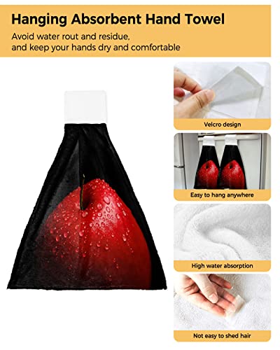 Red Apples with Water Drops Hanging Kitchen Towels Soft Absorbent Hand Tie Towels Set with Hook&Loop, Close-up Fruit Art on Black Tea Bar Dish Cloths Towel for Bathroom Laundry Room BBQ, 2pc