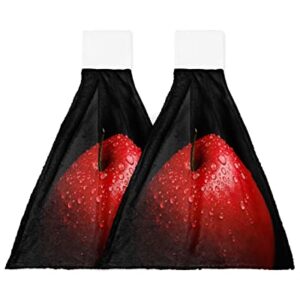 Red Apples with Water Drops Hanging Kitchen Towels Soft Absorbent Hand Tie Towels Set with Hook&Loop, Close-up Fruit Art on Black Tea Bar Dish Cloths Towel for Bathroom Laundry Room BBQ, 2pc