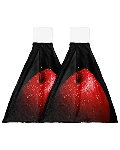 Red Apples with Water Drops Hanging Kitchen Towels Soft Absorbent Hand Tie Towels Set with Hook&Loop, Close-up Fruit Art on Black Tea Bar Dish Cloths Towel for Bathroom Laundry Room BBQ, 2pc