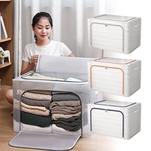 BIERELAOZI Clothes Storage Bins Foldable Metal Frame Storage Box 24L Stackable Container Organizer Set with Clear Window Clothes Organizer Boxes Storage Containers For Bedding Linen Clothes (Grey)