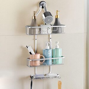 smusei shower caddy over shower head aluminum shower organizer hanging bathroom shower shelves for inside shower 3 tier shower racks with hooks and shampoo soap razor holder - silver