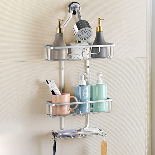 smusei Shower Caddy Over Shower Head Aluminum Shower Organizer Hanging Bathroom Shower Shelves for Inside Shower 3 Tier Shower Racks with Hooks and Shampoo Soap Razor Holder - Silver