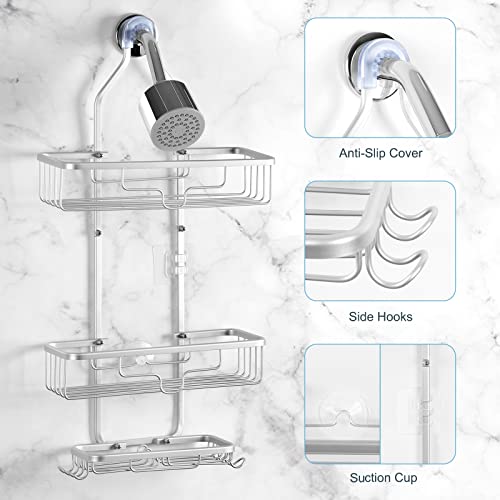 smusei Shower Caddy Over Shower Head Aluminum Shower Organizer Hanging Bathroom Shower Shelves for Inside Shower 3 Tier Shower Racks with Hooks and Shampoo Soap Razor Holder - Silver