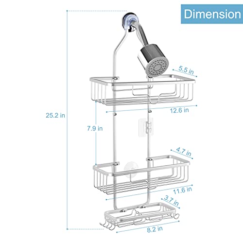 smusei Shower Caddy Over Shower Head Aluminum Shower Organizer Hanging Bathroom Shower Shelves for Inside Shower 3 Tier Shower Racks with Hooks and Shampoo Soap Razor Holder - Silver