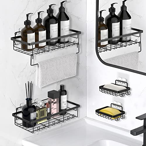 Irishom Shower Caddy Shelf, Adhesive/Wall Mounted Bathroom Shower Organizer for Shower Kitchen, Rustproof 304 Stainless Steel Rustproof Shower Rack with Towel Rack