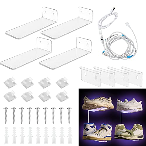 Floating Shoe Display Shelf with Lights Set of 4, Glow Color Changing Sneaker Shelf- Display Sturdy Levitating Clear Acrylic Shoe Wall Shelf Easy to Install with 20-Color LED for Bedroom, Hallway etc