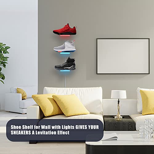 Floating Shoe Display Shelf with Lights Set of 4, Glow Color Changing Sneaker Shelf- Display Sturdy Levitating Clear Acrylic Shoe Wall Shelf Easy to Install with 20-Color LED for Bedroom, Hallway etc