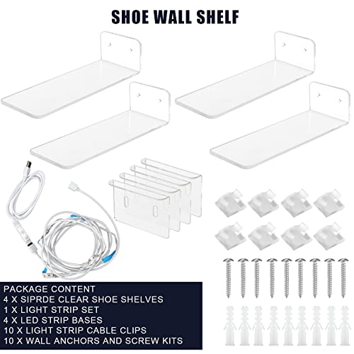 Floating Shoe Display Shelf with Lights Set of 4, Glow Color Changing Sneaker Shelf- Display Sturdy Levitating Clear Acrylic Shoe Wall Shelf Easy to Install with 20-Color LED for Bedroom, Hallway etc