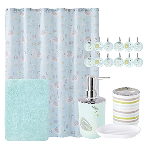 Indecor Home Bathroom Accessory Set, Fun Swan Design, Includes Shower Curtain, 12 Printed Curtain Hooks, Soap Dish, Toothbrush Holder, Soap Dispenser and Soft Non-Slip Bath Rug Mat Box Set