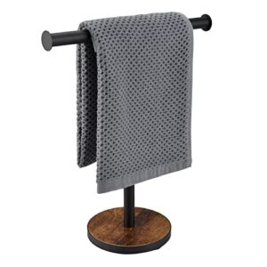 bcozlux towel holder stand, countertop hand towel stand for bathroom and kitchen, free standing counter towel rack with weighted wood base, rustic black and brown