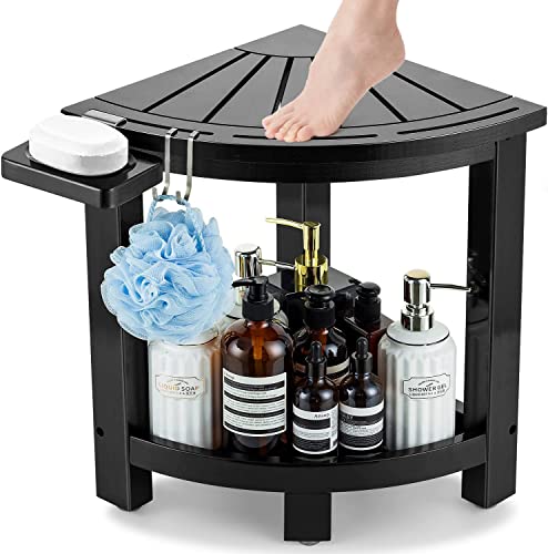 ETECHMART Bamboo Corner Shower Stool for Shaving Legs Foot Rest, Waterproof Bath Bench Seat with Storage Shelf and Soap Dish for Bathroom Inside Shower, Use as Small Corner Table Step Stools, Espresso