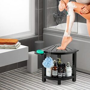 ETECHMART Bamboo Corner Shower Stool for Shaving Legs Foot Rest, Waterproof Bath Bench Seat with Storage Shelf and Soap Dish for Bathroom Inside Shower, Use as Small Corner Table Step Stools, Espresso