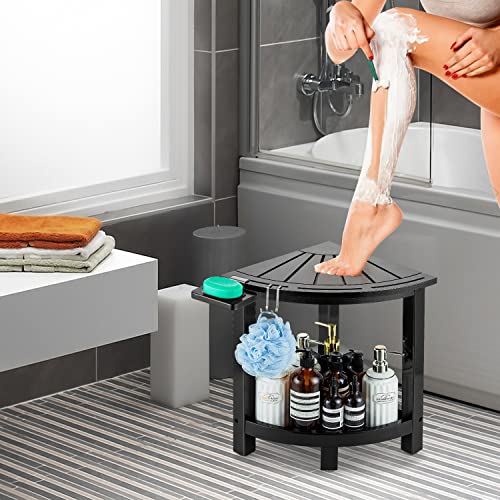 ETECHMART Bamboo Corner Shower Stool for Shaving Legs Foot Rest, Waterproof Bath Bench Seat with Storage Shelf and Soap Dish for Bathroom Inside Shower, Use as Small Corner Table Step Stools, Espresso