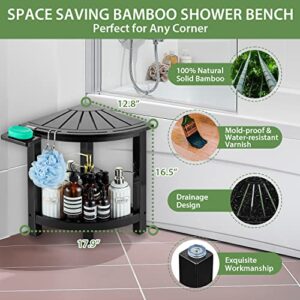 ETECHMART Bamboo Corner Shower Stool for Shaving Legs Foot Rest, Waterproof Bath Bench Seat with Storage Shelf and Soap Dish for Bathroom Inside Shower, Use as Small Corner Table Step Stools, Espresso