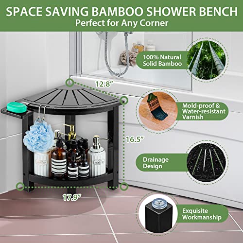 ETECHMART Bamboo Corner Shower Stool for Shaving Legs Foot Rest, Waterproof Bath Bench Seat with Storage Shelf and Soap Dish for Bathroom Inside Shower, Use as Small Corner Table Step Stools, Espresso