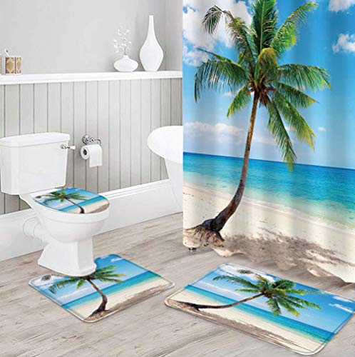 Singingin Bathroom Sets with Shower Curtain and Rugs Palm Trees Tropical Summer Season Shower Curtain Sets with Rugs,Toilet Lid Cover and Bath Mat,Non-Slip Rugs and Waterproof Bath Curtain with Hooks