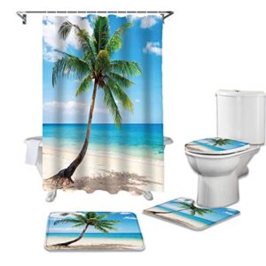 Singingin Bathroom Sets with Shower Curtain and Rugs Palm Trees Tropical Summer Season Shower Curtain Sets with Rugs,Toilet Lid Cover and Bath Mat,Non-Slip Rugs and Waterproof Bath Curtain with Hooks