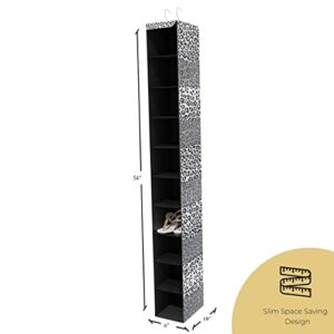 CLOZZERS 10 Shelf Hanging Shoe Organizer for Closet, with 10 Mesh side pockets for Accessories - Animal Print, Black