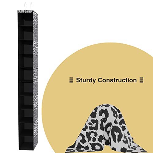 CLOZZERS 10 Shelf Hanging Shoe Organizer for Closet, with 10 Mesh side pockets for Accessories - Animal Print, Black