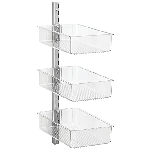 mDesign Plastic Wall Mount Bins with Metal Hanging Bar - Repositionable Bins - for Closet Storage and Organization - Holds Belts, Leggings, Shoes, Purses, Scarfs - Set of 3 - Clear