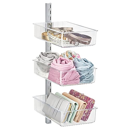 mDesign Plastic Wall Mount Bins with Metal Hanging Bar - Repositionable Bins - for Closet Storage and Organization - Holds Belts, Leggings, Shoes, Purses, Scarfs - Set of 3 - Clear