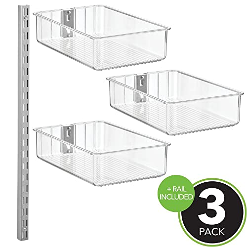 mDesign Plastic Wall Mount Bins with Metal Hanging Bar - Repositionable Bins - for Closet Storage and Organization - Holds Belts, Leggings, Shoes, Purses, Scarfs - Set of 3 - Clear