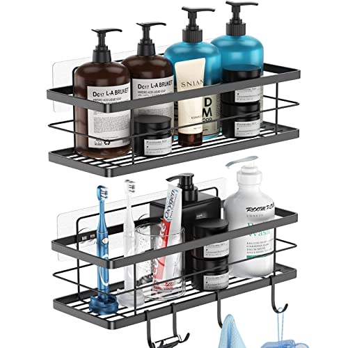 Large Shower Caddy Basket Shelf, 2 Pack, Bathroom Storage Organizer with 4 Hooks, Adhesive No Drilling Wall Mounted Shower Rack, Rustproof SUS304 Stainless Steel Shower Organizer for Kitchen - Black