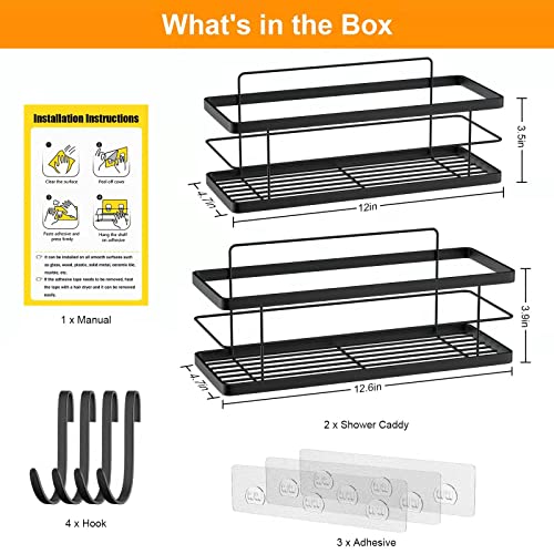 Large Shower Caddy Basket Shelf, 2 Pack, Bathroom Storage Organizer with 4 Hooks, Adhesive No Drilling Wall Mounted Shower Rack, Rustproof SUS304 Stainless Steel Shower Organizer for Kitchen - Black