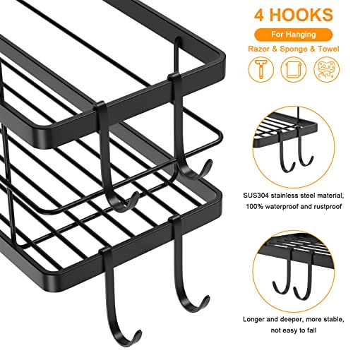 Large Shower Caddy Basket Shelf, 2 Pack, Bathroom Storage Organizer with 4 Hooks, Adhesive No Drilling Wall Mounted Shower Rack, Rustproof SUS304 Stainless Steel Shower Organizer for Kitchen - Black